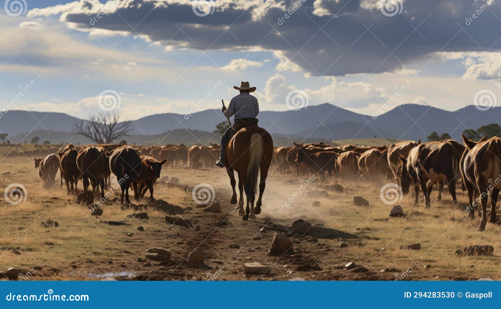 Stockman Mustering Cattle in a Drought Affected Landscape. Generative ...