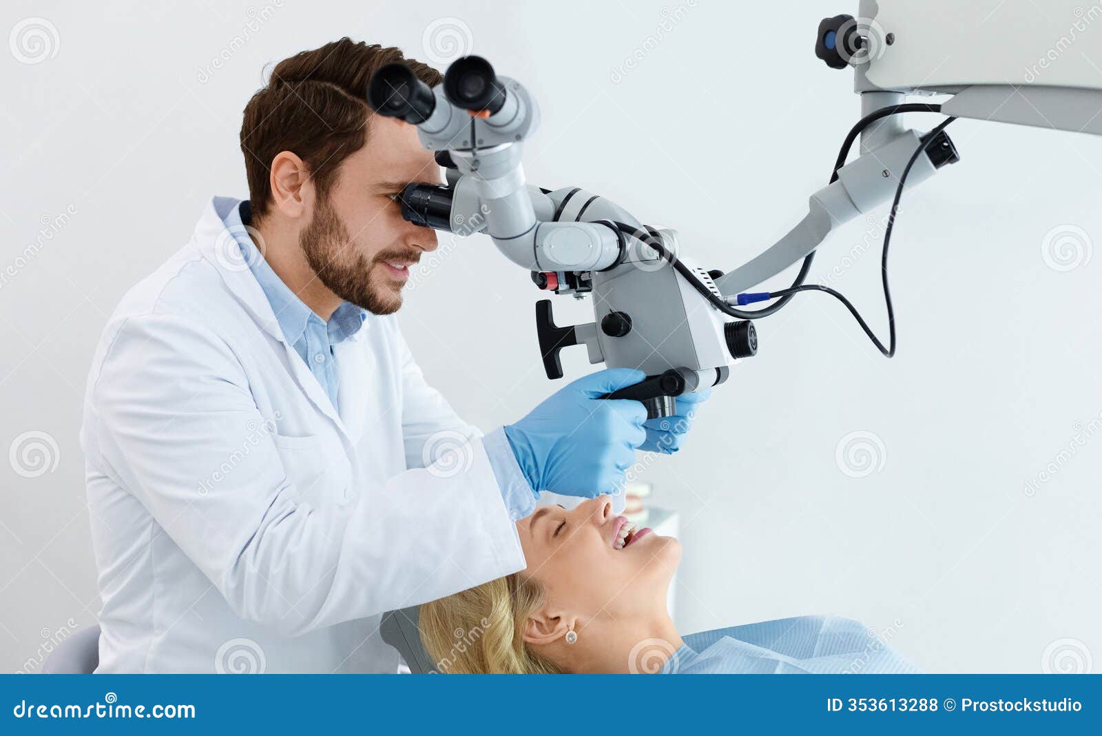 Stomatologist Looking at Dental Microscope, Using Innovative Tools ...