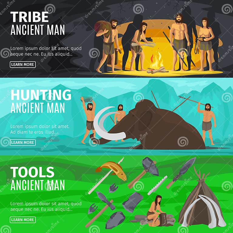 Stone Age Caveman Evolution Banners Stock Vector - Illustration of ...
