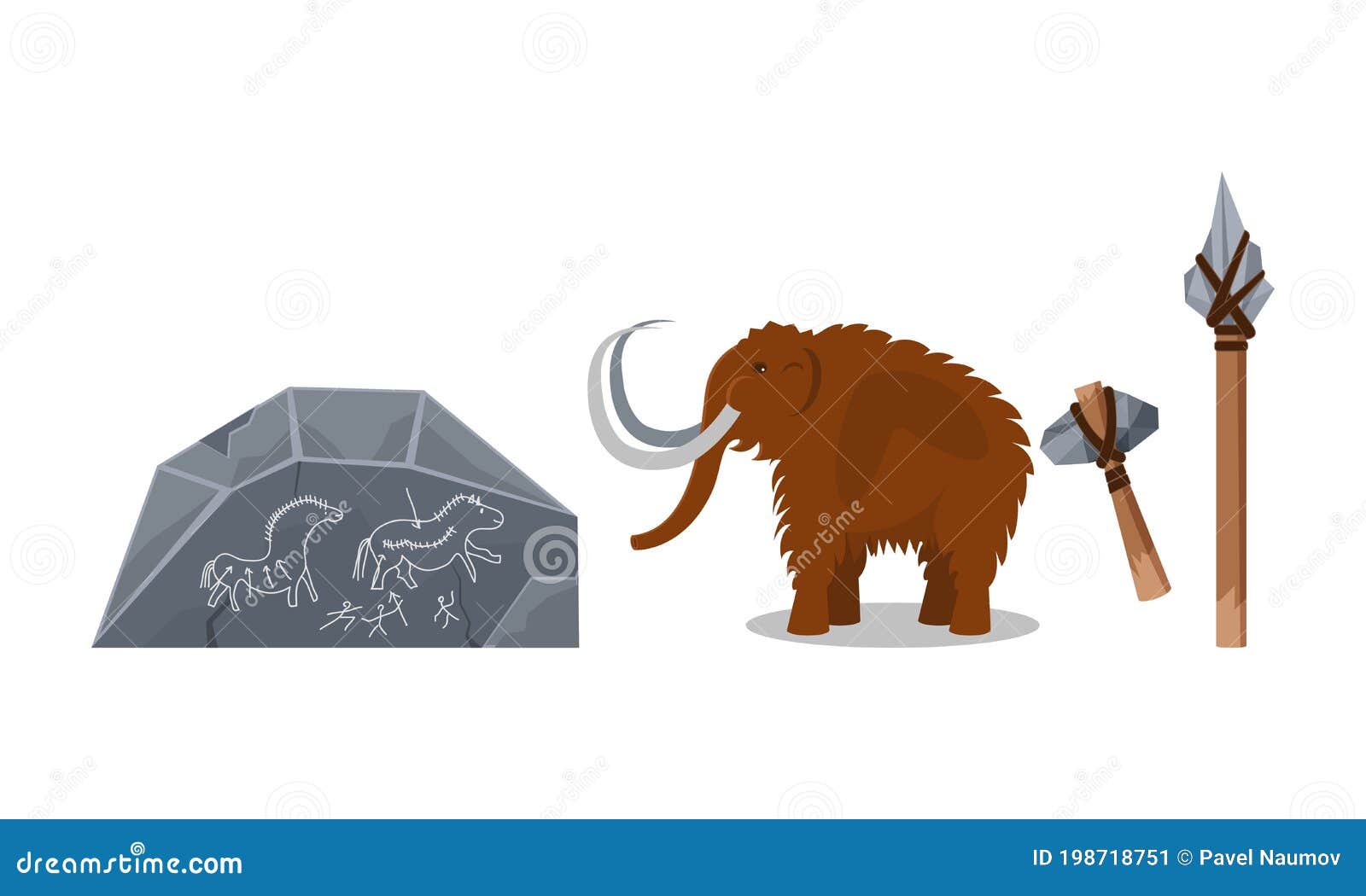 Stone Age Elements with Mammoth Animal and Cave with Rock Engraving ...