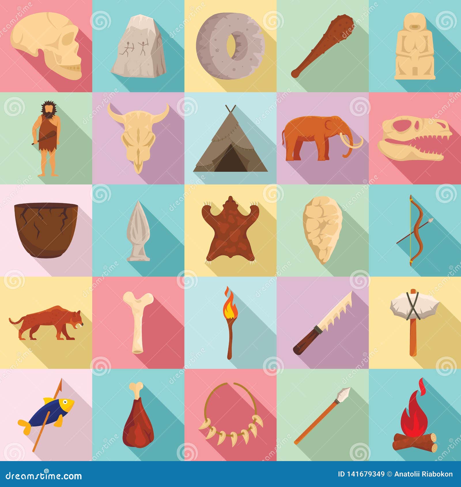 Stone Age Icons Set, Flat Style Stock Vector - Illustration of paleo ...