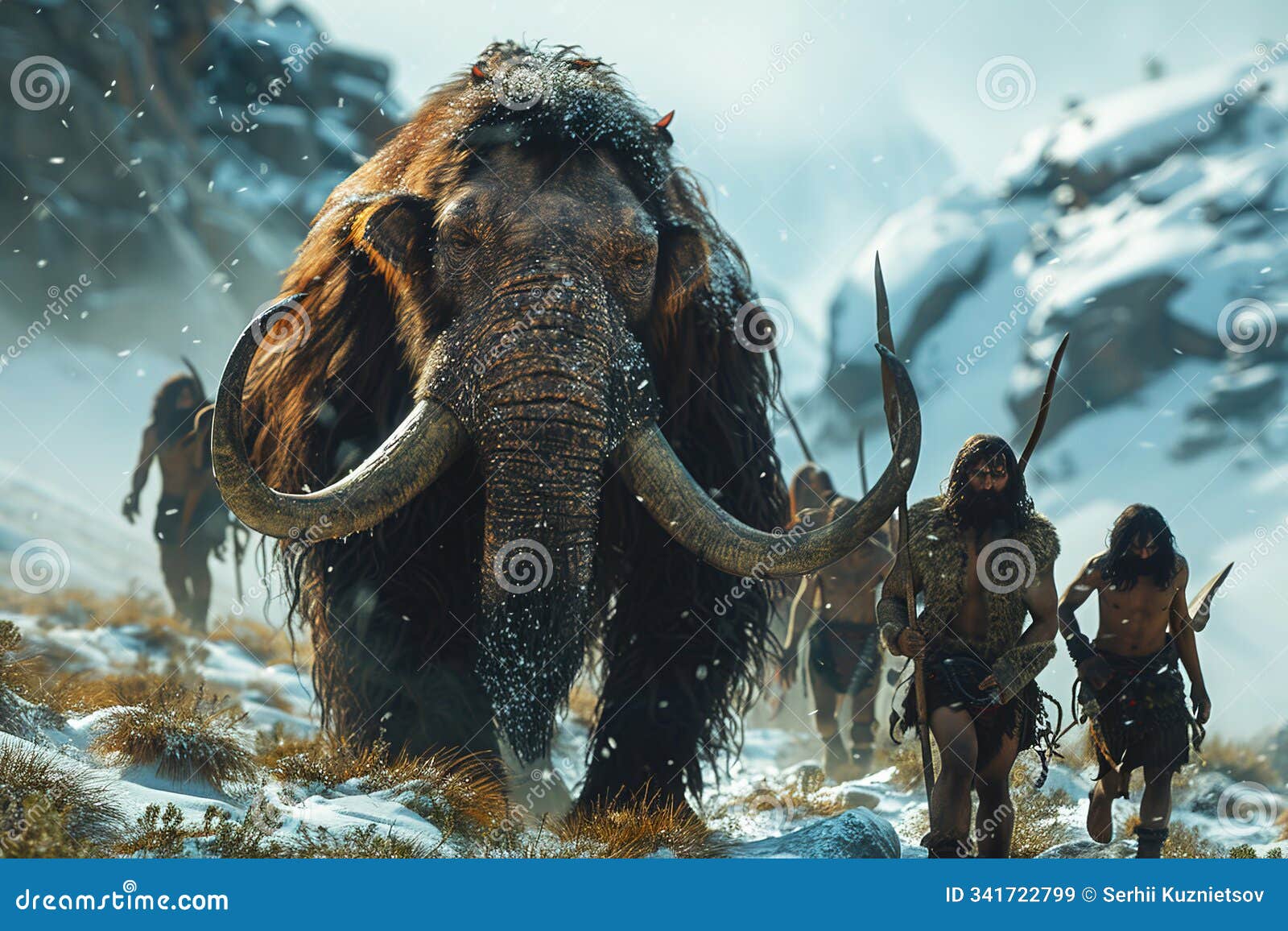 Stone Age Mammoth Predator Surrounded by Primitive Men with Weapons ...