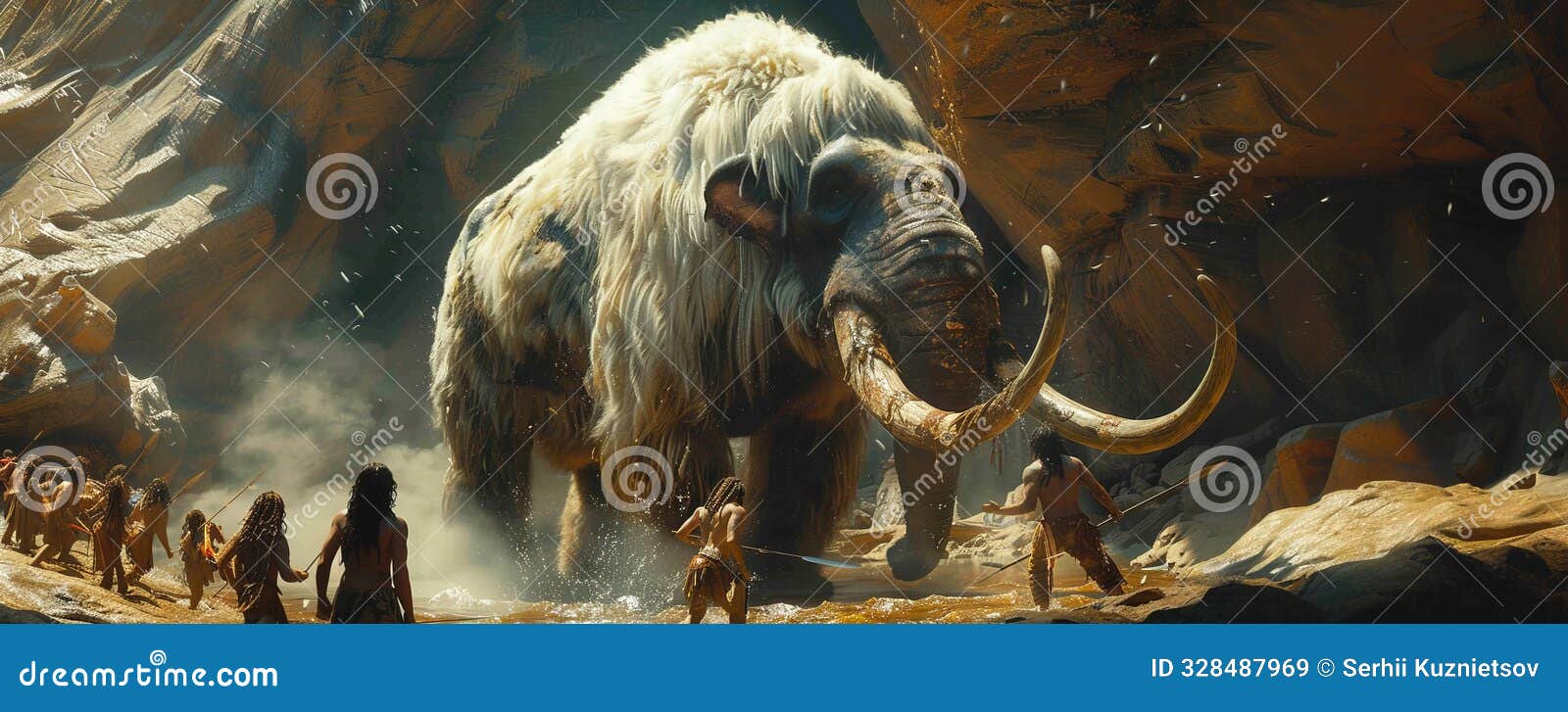 Stone Age Mammoth Predator Surrounded by Primitive Men with Weapons ...
