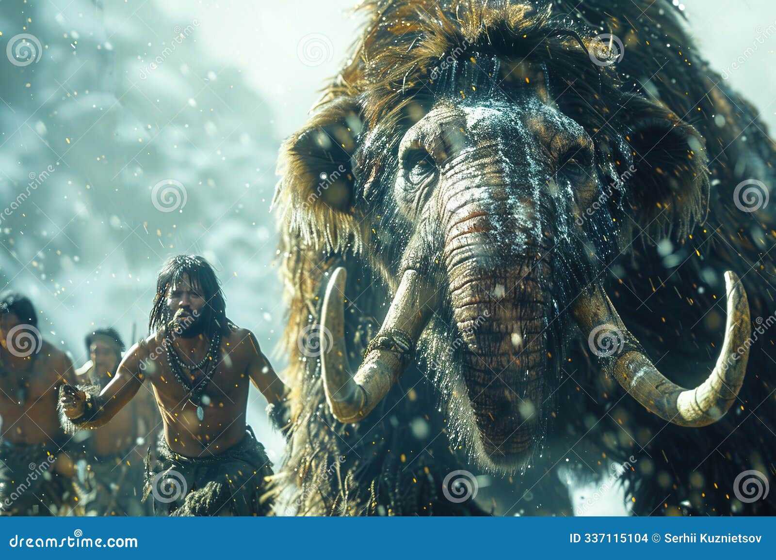 Stone Age Mammoth Predator Surrounded by Primitive Men with Weapons ...