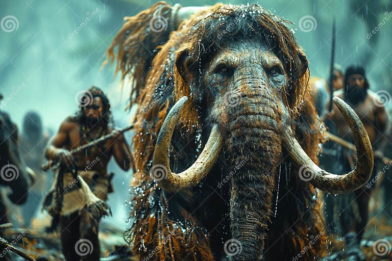 Stone Age Mammoth Predator Surrounded by Primitive Men with Weapons ... Stone Age Mammoth Predator Surrounded by Primitive Men with Weapons ...