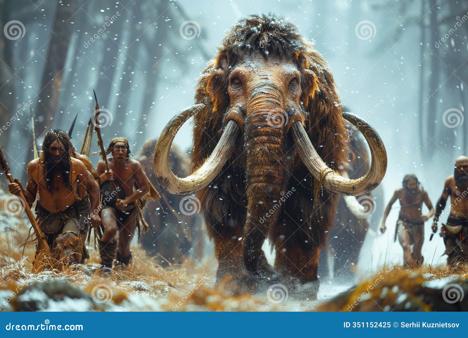 Stone Age Mammoth Predator Surrounded by Primitive Men with Weapons ...