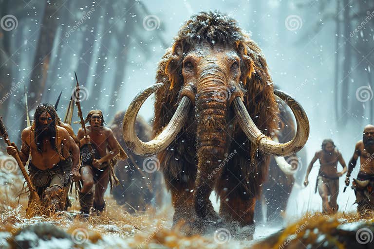 Stone Age Mammoth Predator Surrounded by Primitive Men with Weapons ...
