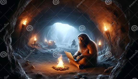 Stone Age Man Using a Laptop Computer Inside a Cave. Stock Illustration ...