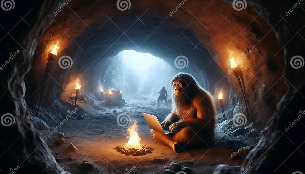 Stone Age Man Using a Laptop Computer Inside a Cave. Stock Illustration ...
