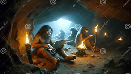 Stone Age Man Using a Laptop Computer Inside a Cave. Stock Illustration ...