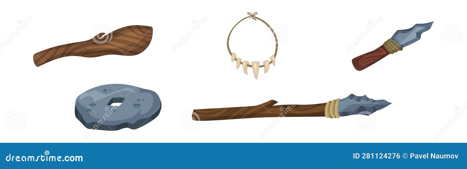 Stone Age Objects and Hunting Weapons with Stick and Spear Vector Set ...