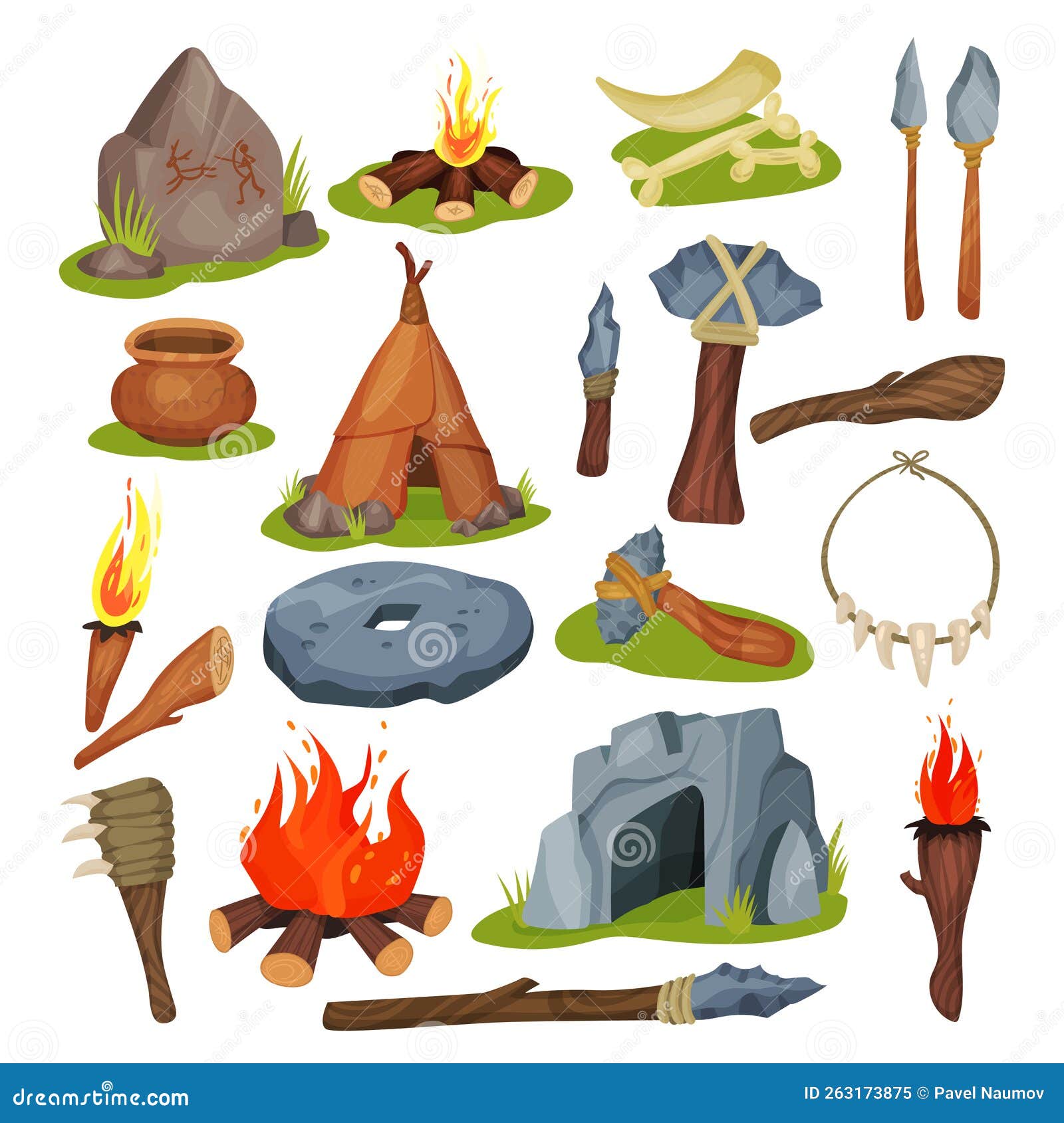 Stone Age And Prehistoric Primitive Tools With Hut, Flame, Hammer ...