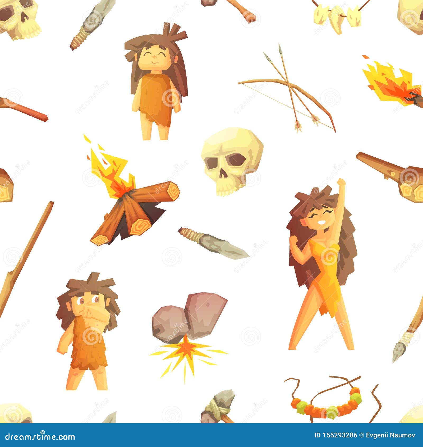 Stone Age Seamless Pattern with Prehistoric People and Hunting Tools ...