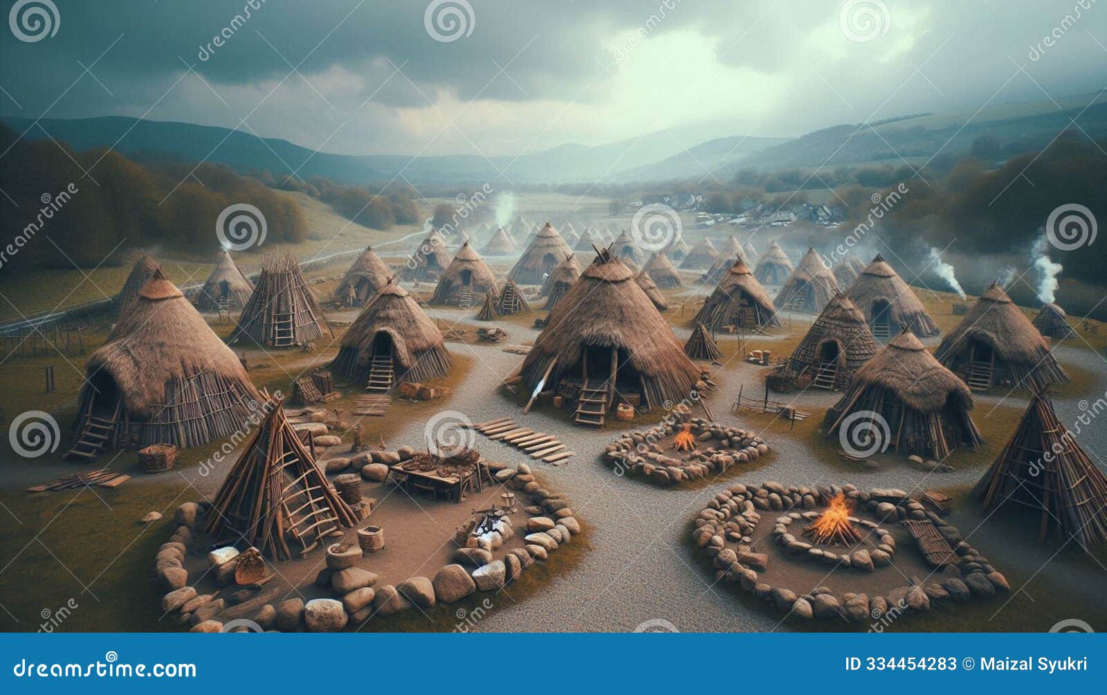 Stone Age Settlement stock illustration. Illustration of wildlife ...