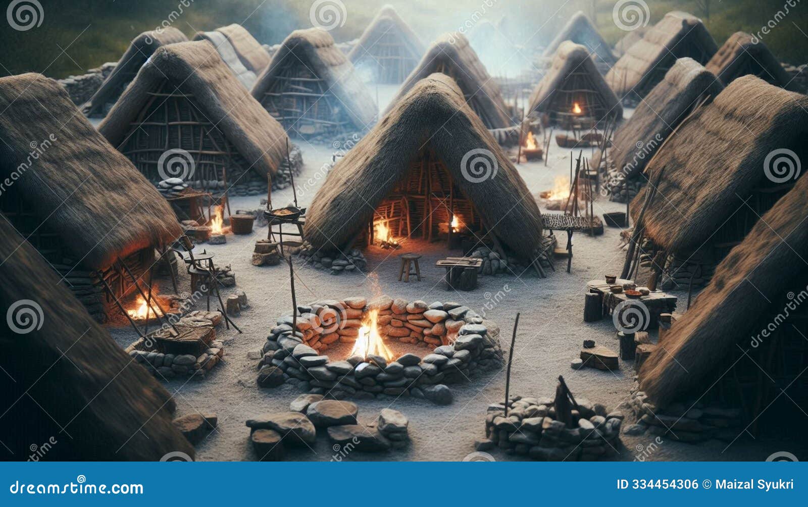 Stone Age Settlement stock illustration. Illustration of hills - 334454306
