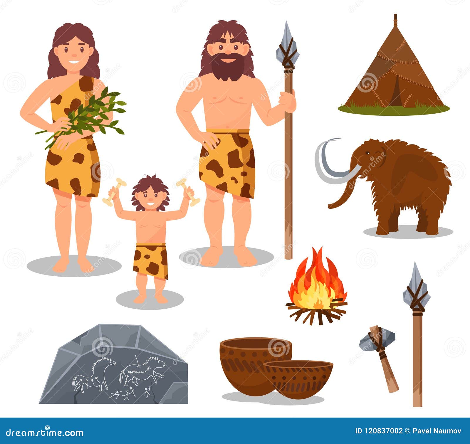 Stone Age Symbols Set, Primitive People, Mammoth, Weapon, Prehistoric ... Stone Age Symbols Set, Primitive People, Mammoth, Weapon, Prehistoric ...