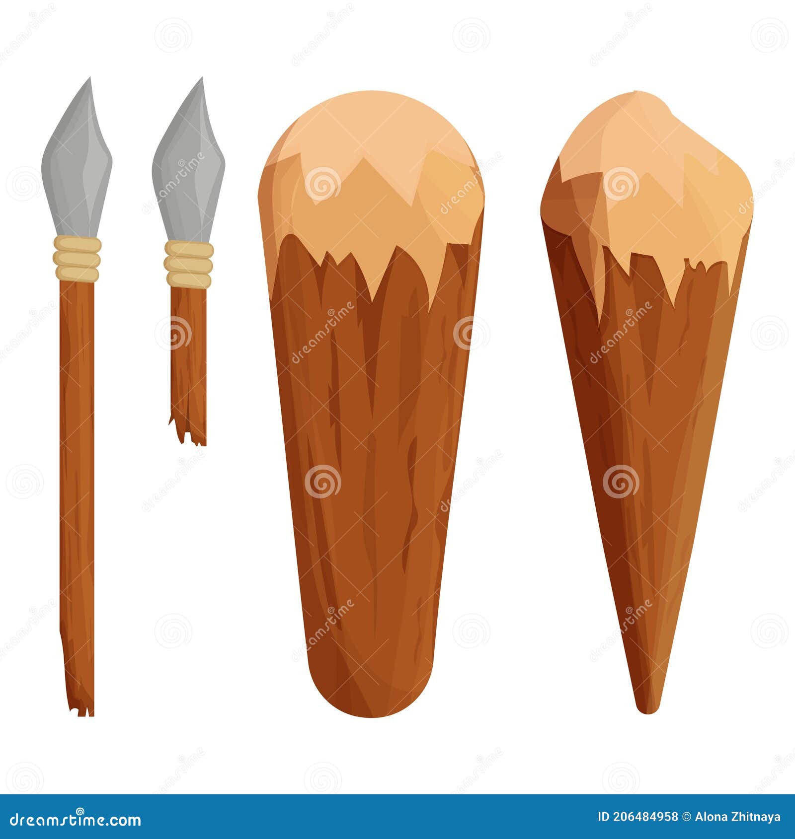 Stone Age Tools, Weapon Set of Wooden Club and Spear Isolated on White ... Stone Age Tools, Weapon Set of Wooden Club and Spear Isolated on White ...