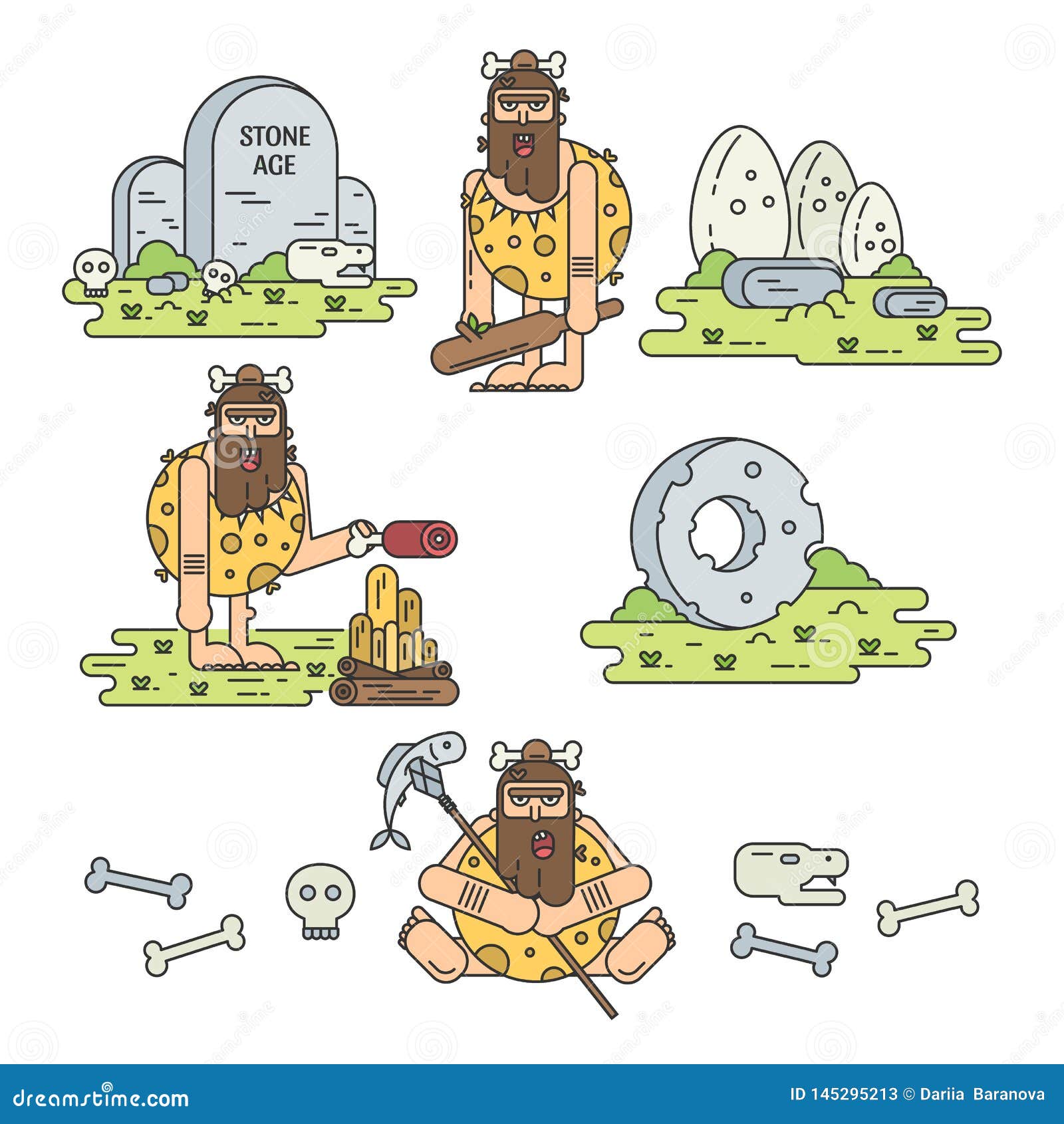 Stone Age Vector Set, Line Icons Isolated on White Stock Vector ...