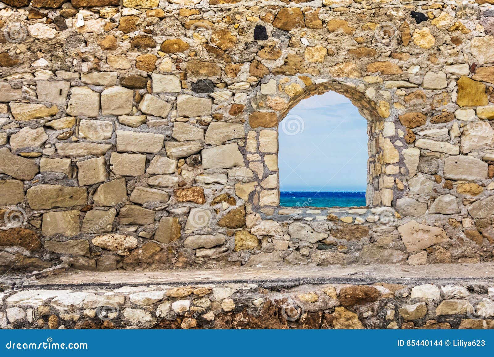 Stone Ancient Wall with a Window Stock Photo - Image of blue, material ...