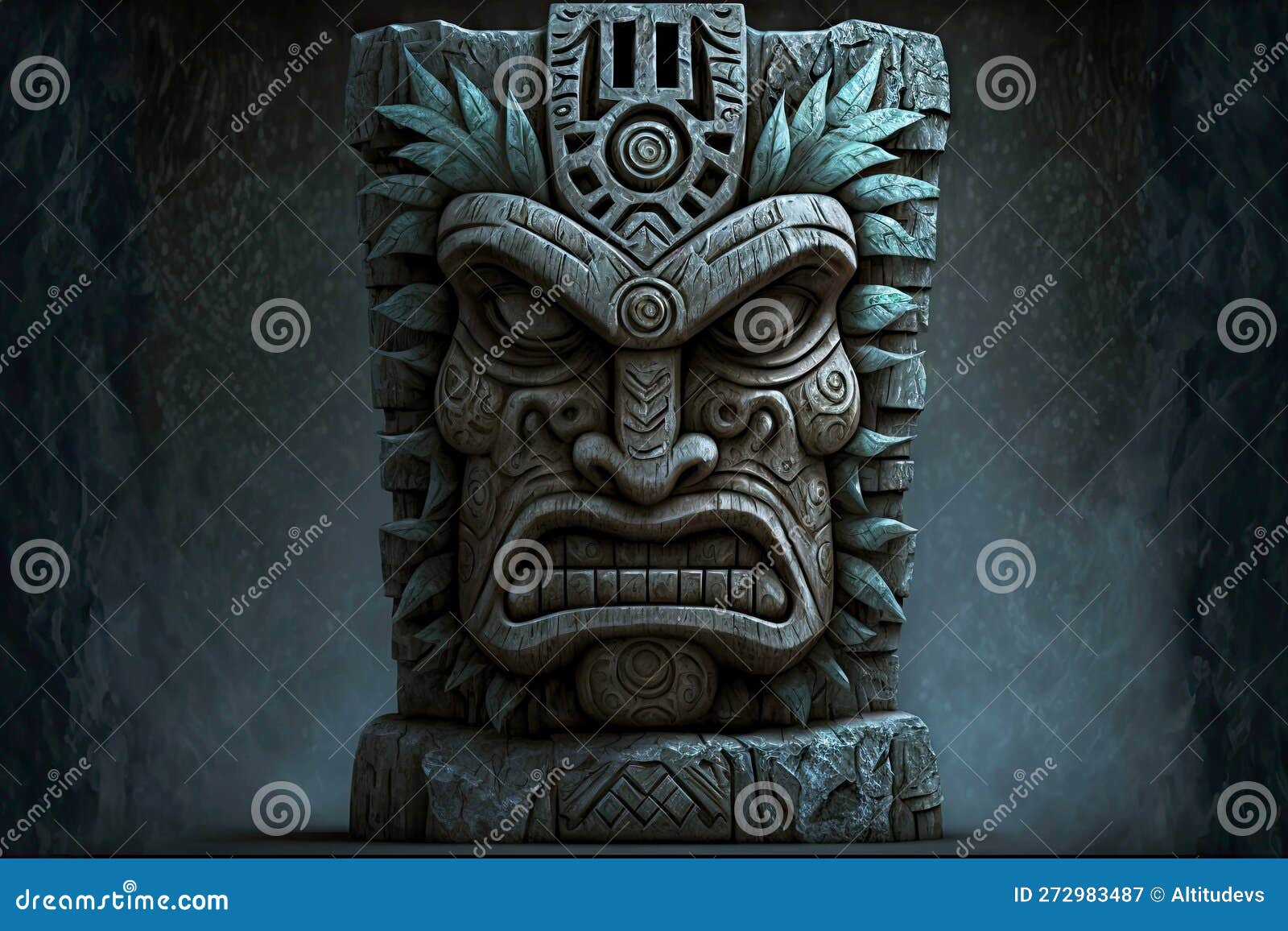 Stone Angry Face of Aztec God Tiki Mask Stock Illustration ...