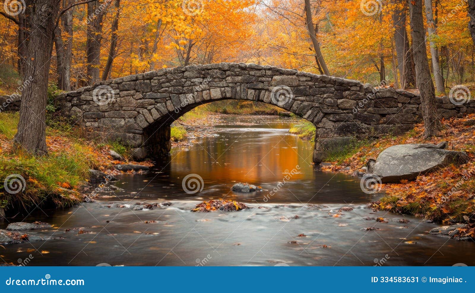 Stone Arch Bridge Over a Stream in Autumn Foliage Stock Illustration ...