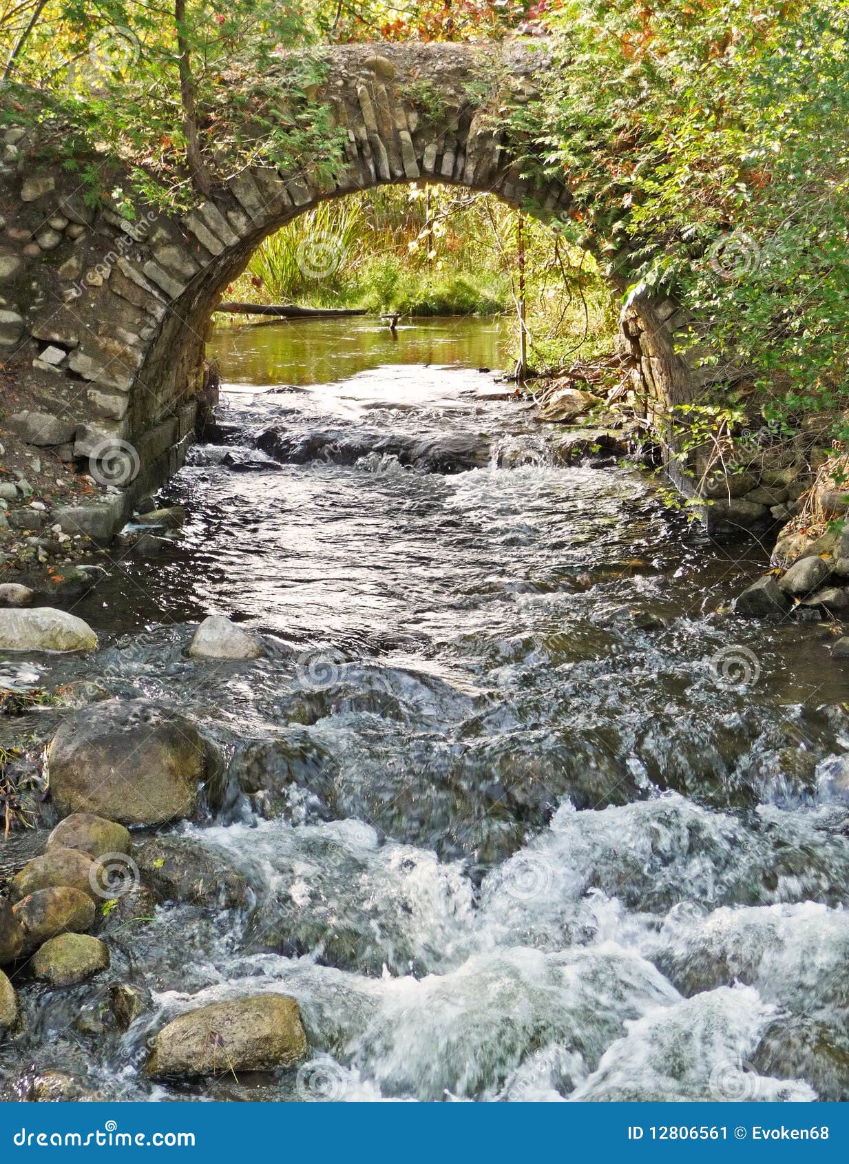 Stone Arch Over Rushing Stream Stock Image - Image of current, shrubs ...