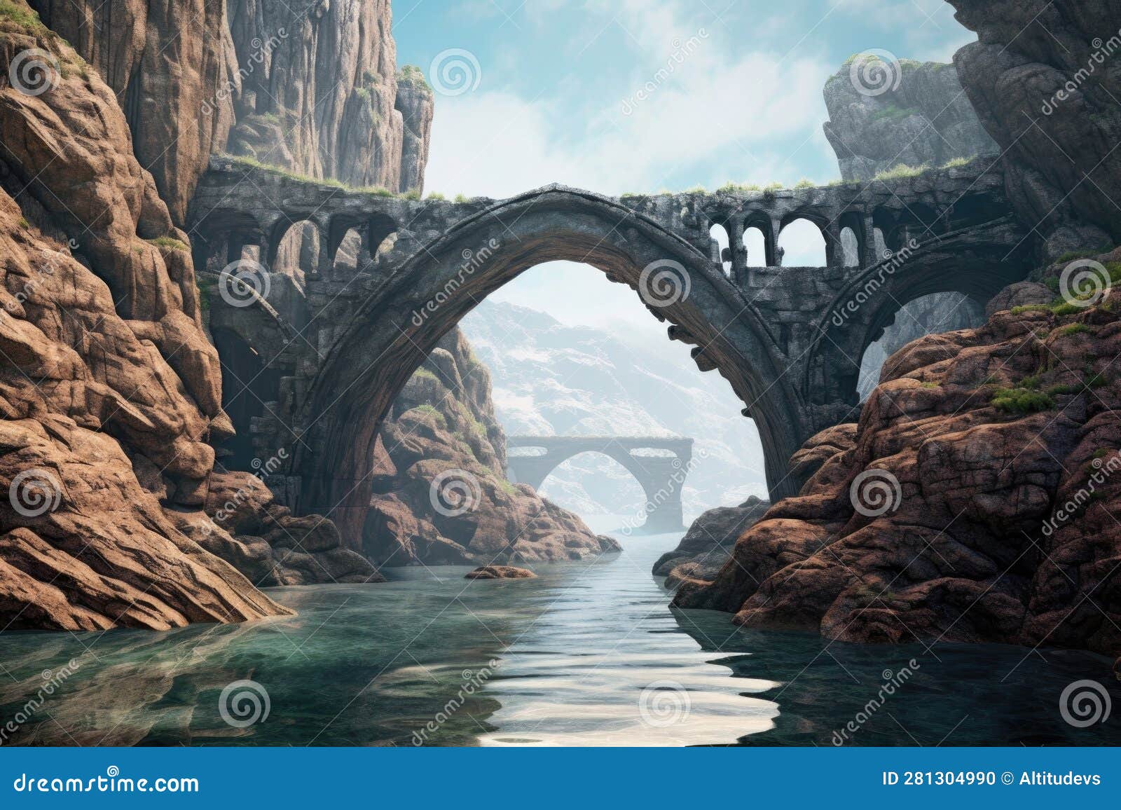 Stone Archway Bridge Connecting Two Remote Cliffs Stock Illustration ...