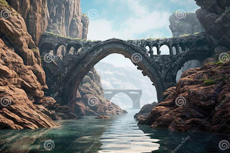 Stone Archway Bridge Connecting Two Remote Cliffs Stock Illustration ...