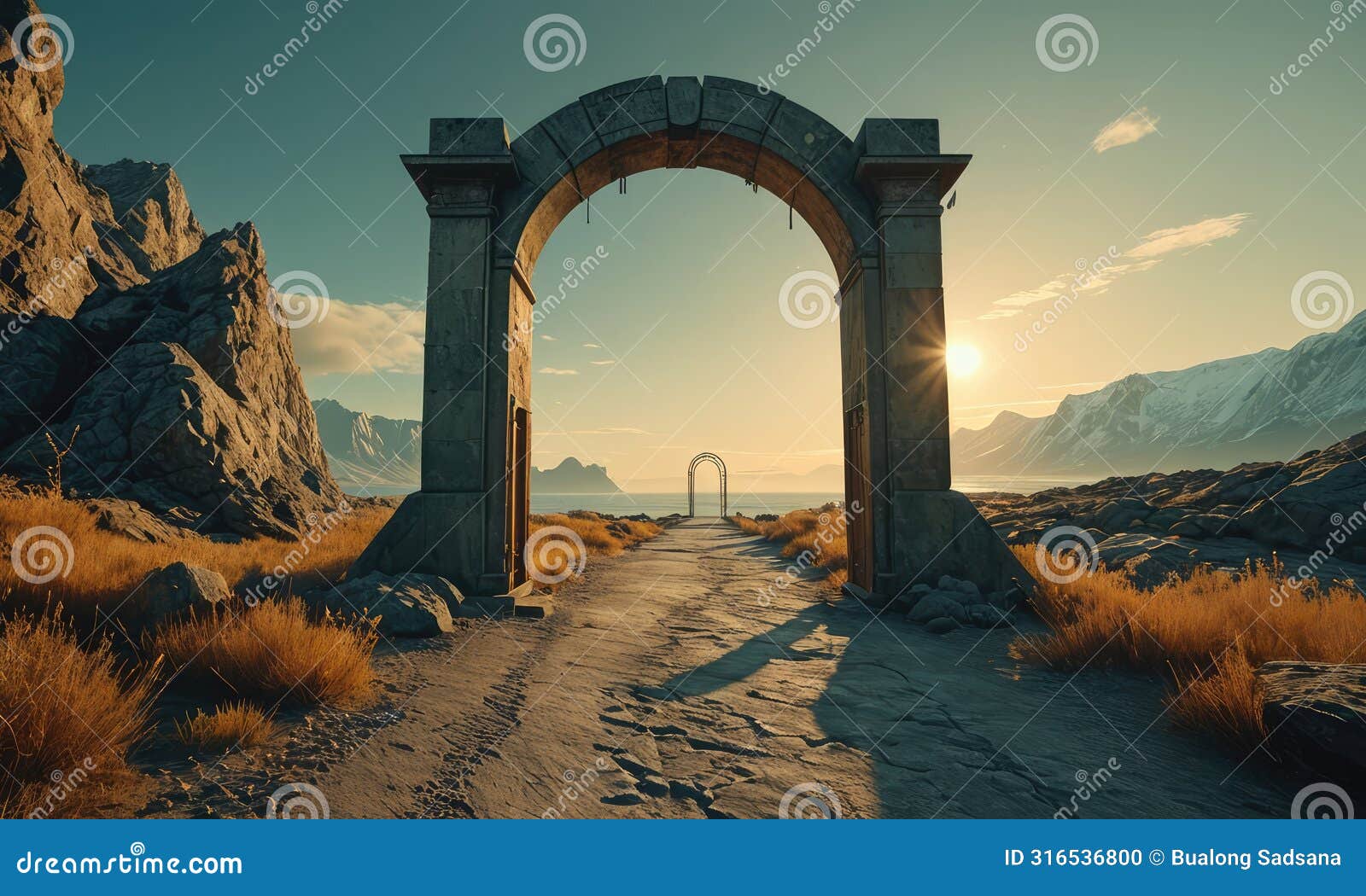 A Stone Archway is Shown in the Image, with a Sunset in the Background ...