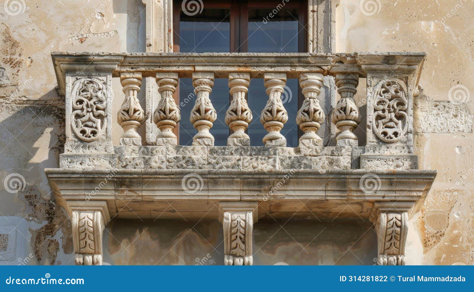 Stone Balcony with Balusted Railing and Window Stock Photo - Image of ...