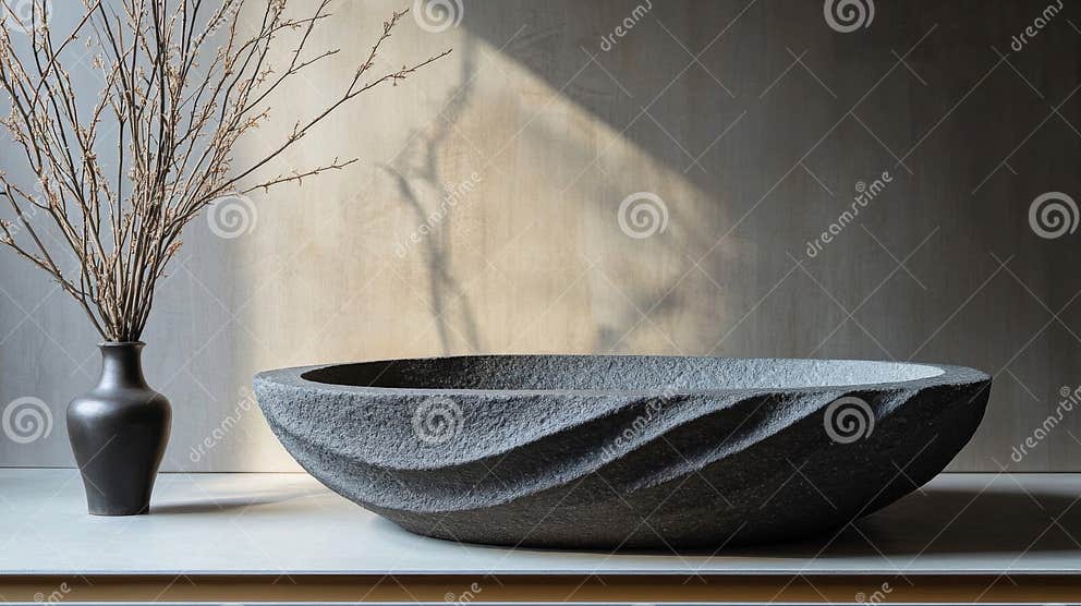 Stone Basin with Wavy Edges and Dried Branches in a Vase Stock ...