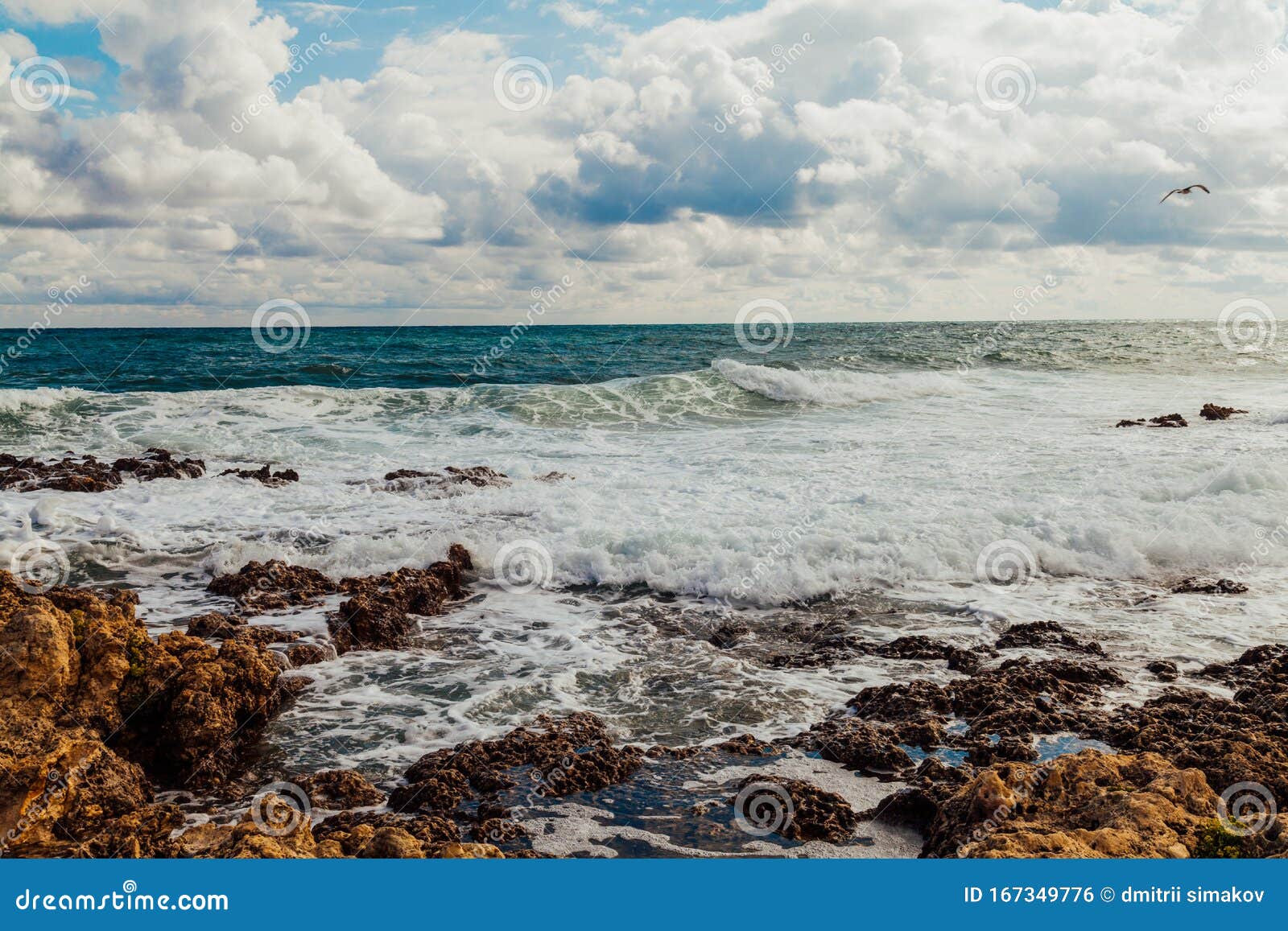 The Stone Beach Ocean Wave Sky with Clouds Stock Photo - Image of shore ...