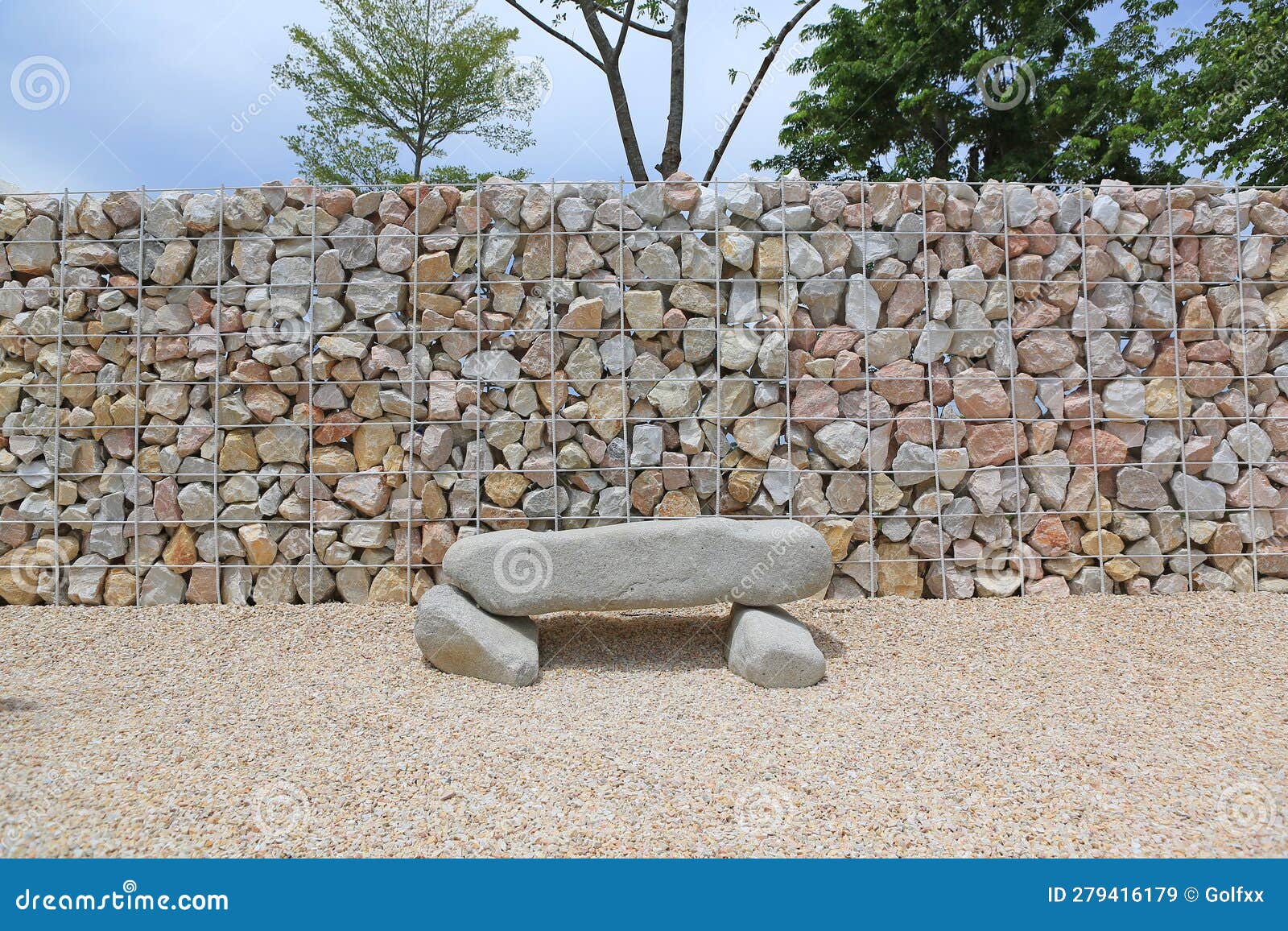 Stone Bench and Stone Wall with Steel Bar for Background Stock Image ...