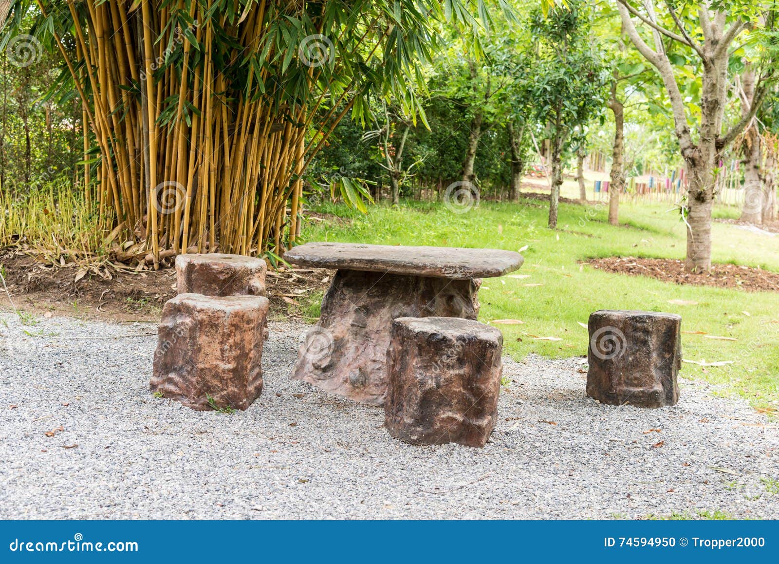 Stone benches in park. stock photo. Image of background - 74594950