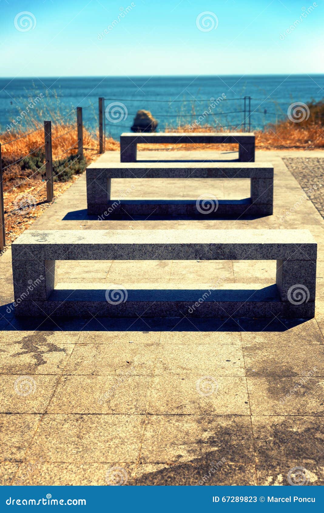 Stone Benches in the Sun at the Beach Stock Image - Image of concrete ...
