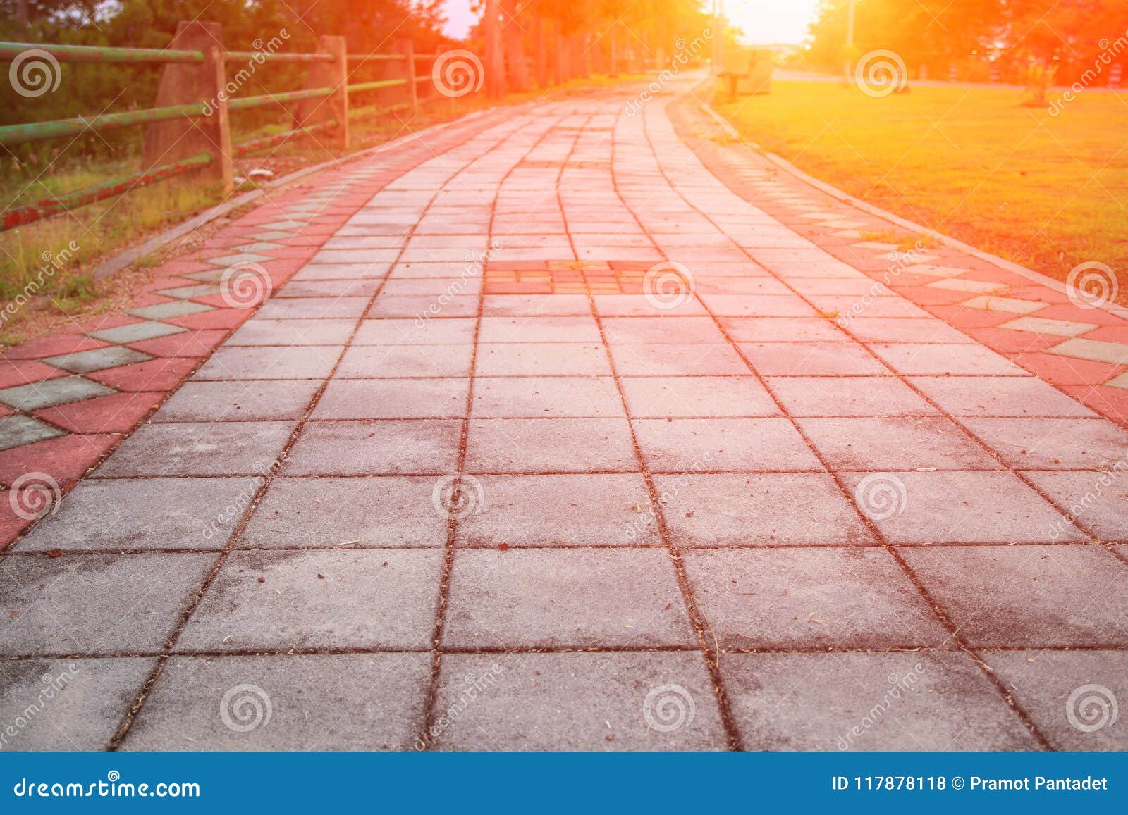 Stone Block Walk Path in Public Park with Sunset Light Tone: Select ...
