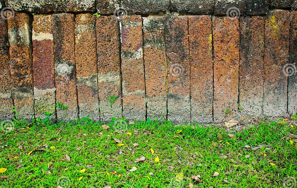 Stone Block Wall with Grass Stock Photo - Image of frame, decoration ...
