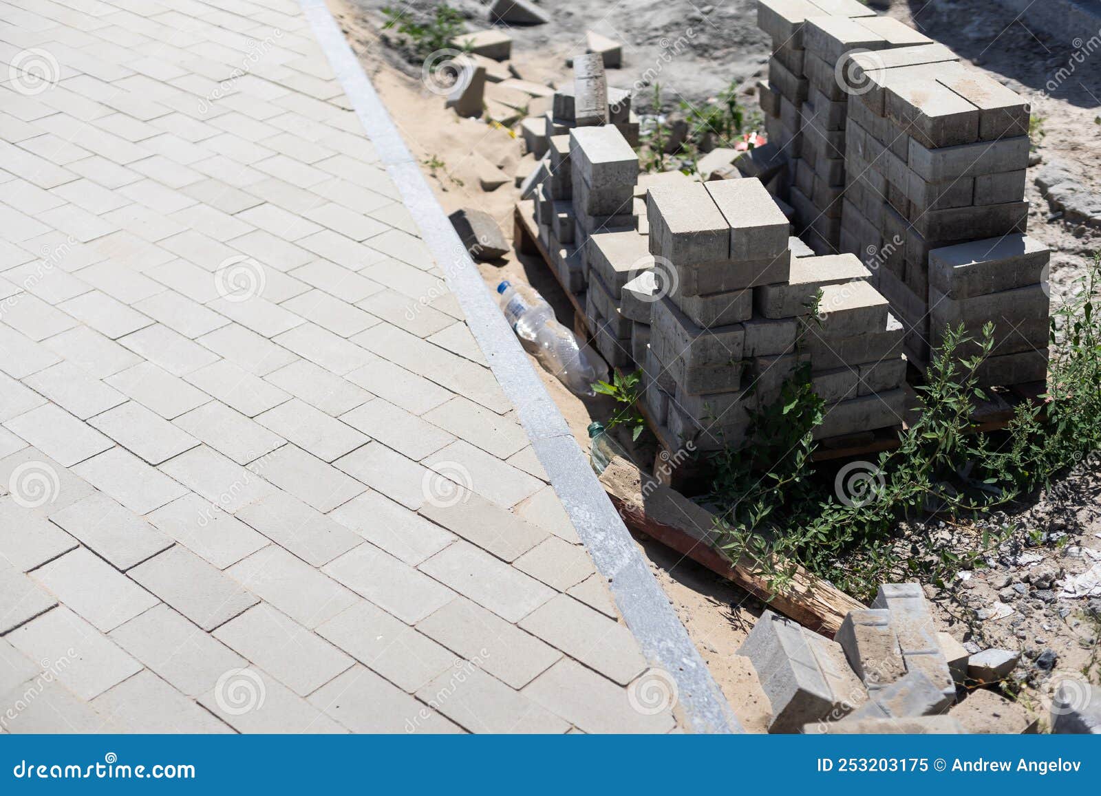Stone Blocks Laying is on Sand Base. Sidewalk Device. Stock Image ...