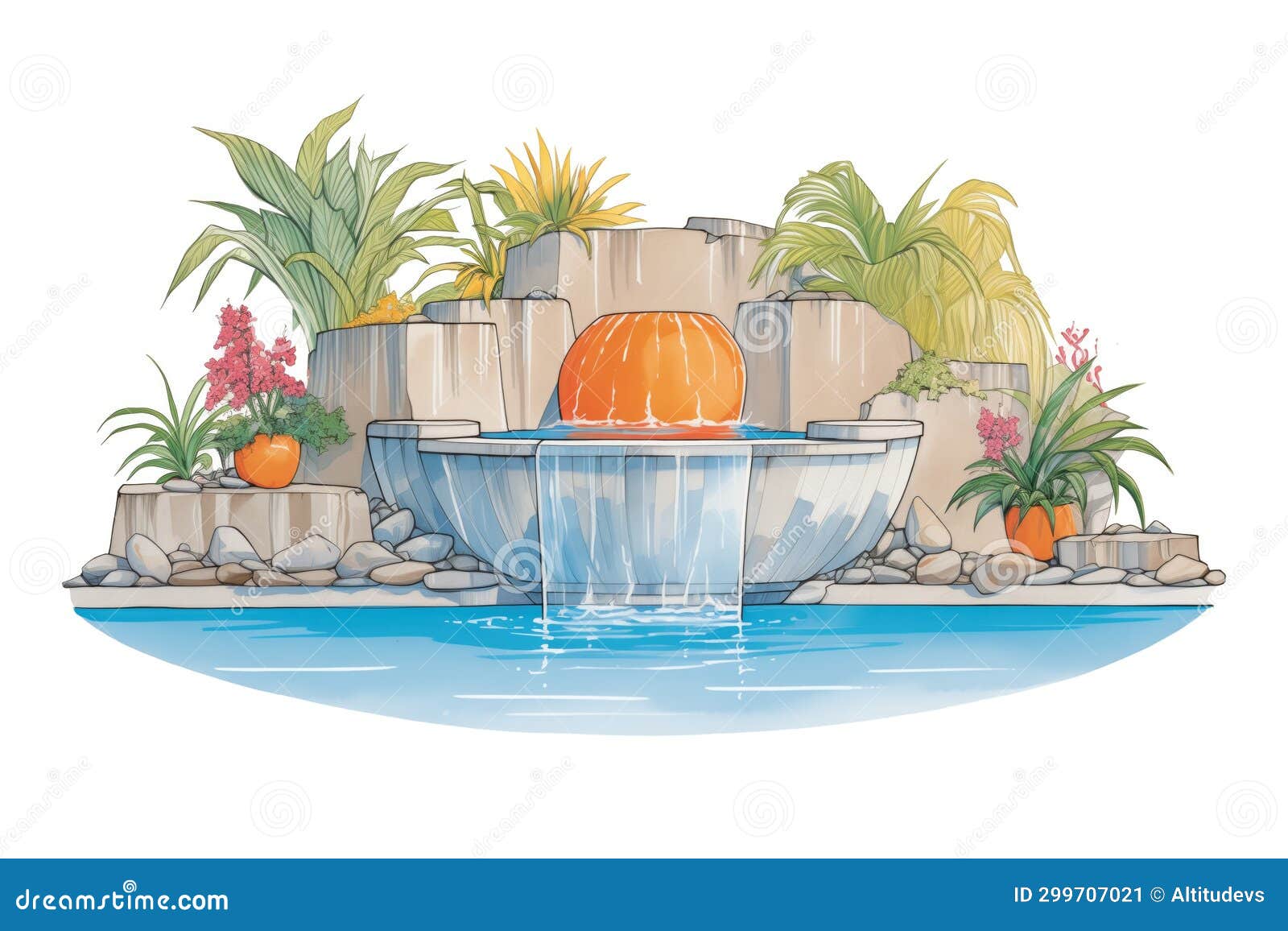 Stone Bowl Holding Waterfall in a Modern Outdoor Pool Stock Image ...