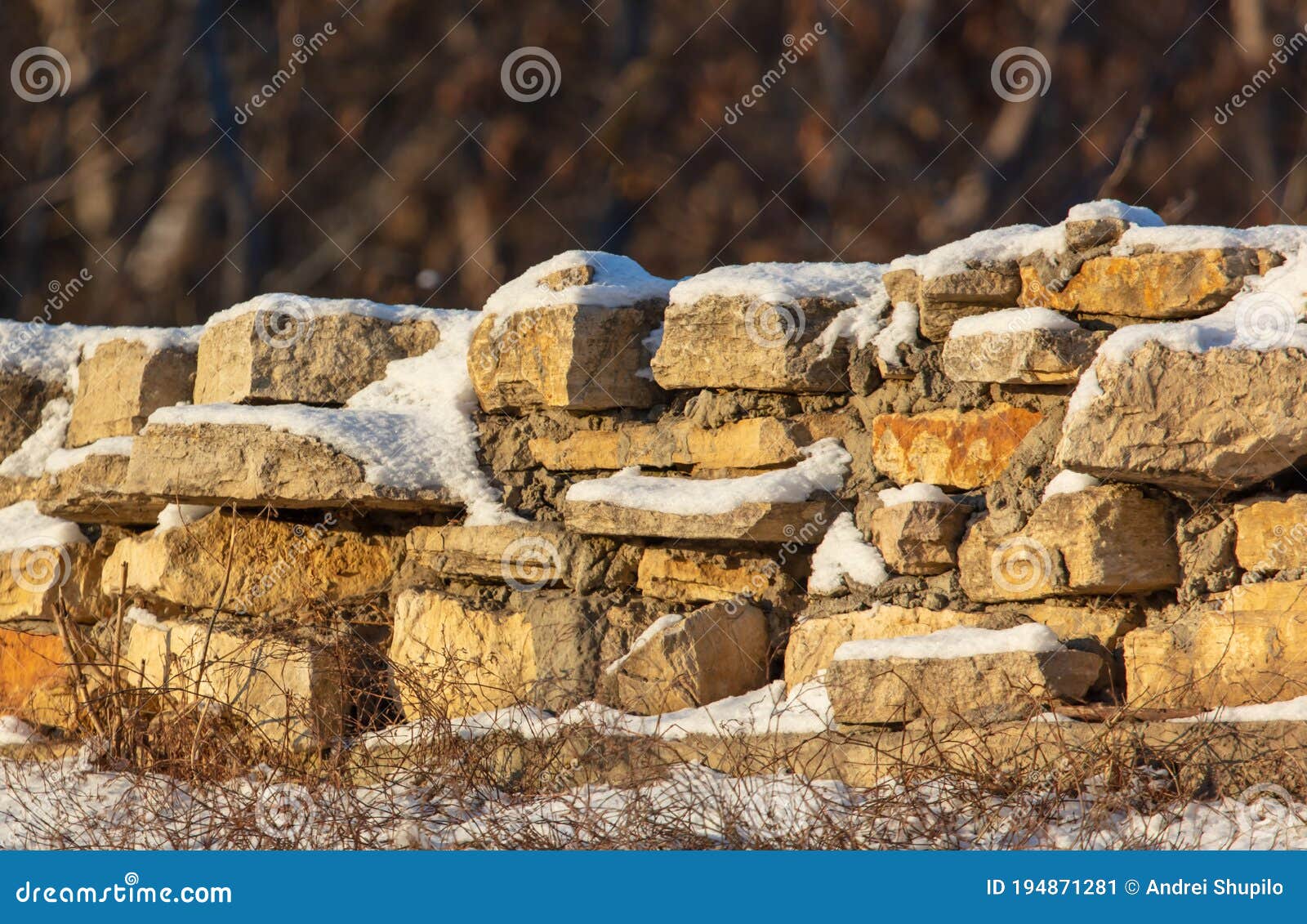 Stone Bricks in the Snow in Winter at Dawn Stock Image - Image of brick ...