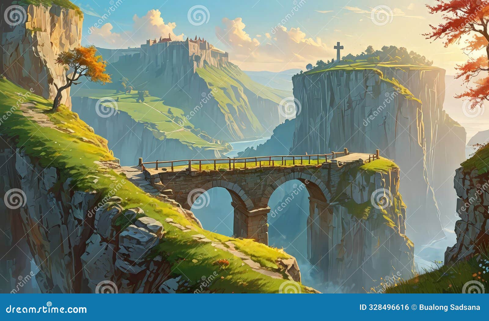 Stone Bridge with Arches Spans Valley between Two Towering Cliffs, with ...