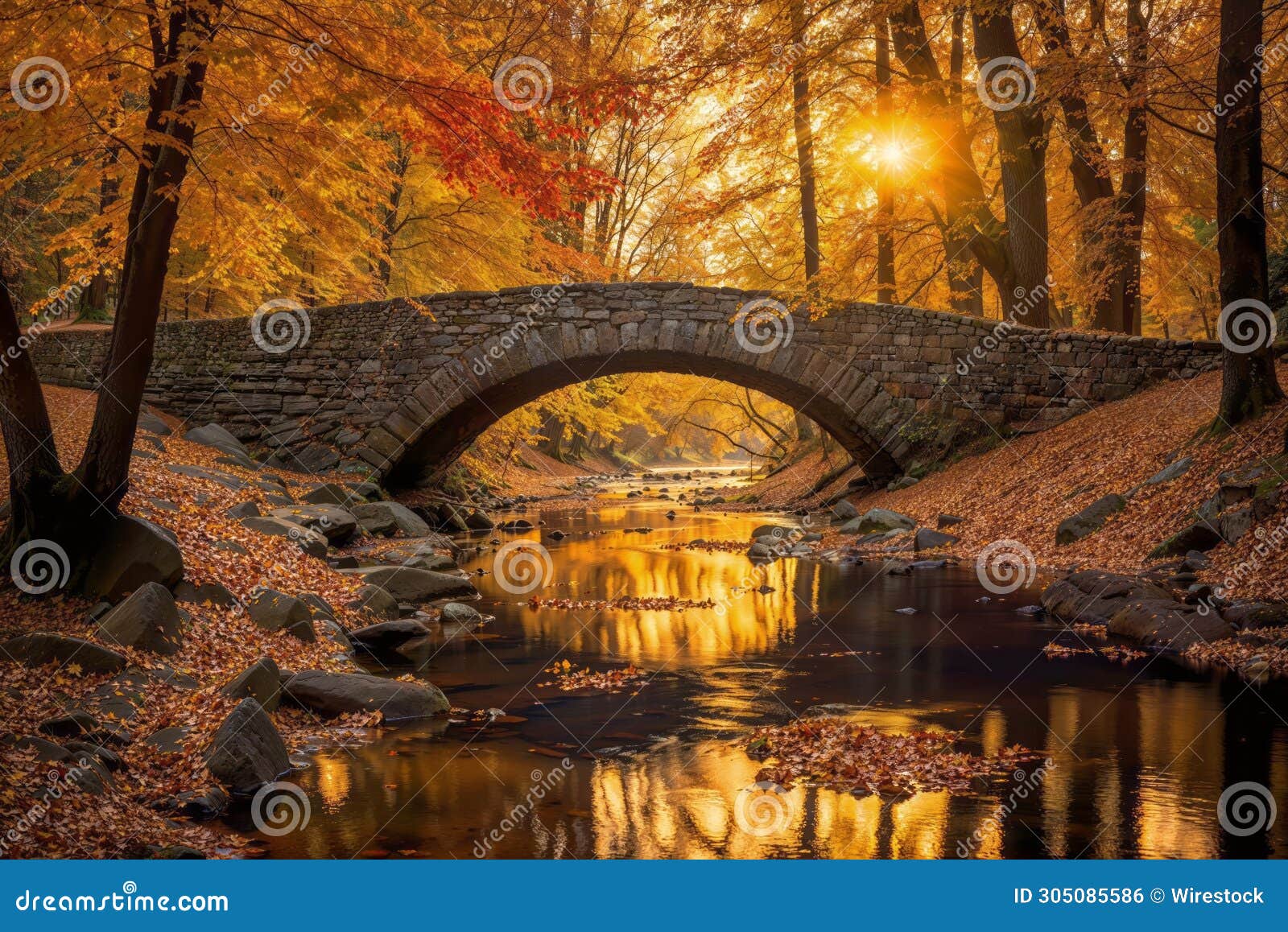 The Stone Bridge in Fall is Reflecting Off the Water, and the Sun Sets ...