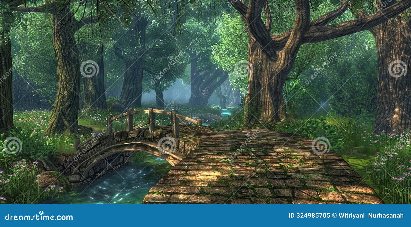 Stone Bridge in a Magical Forest Stock Illustration - Illustration of ...