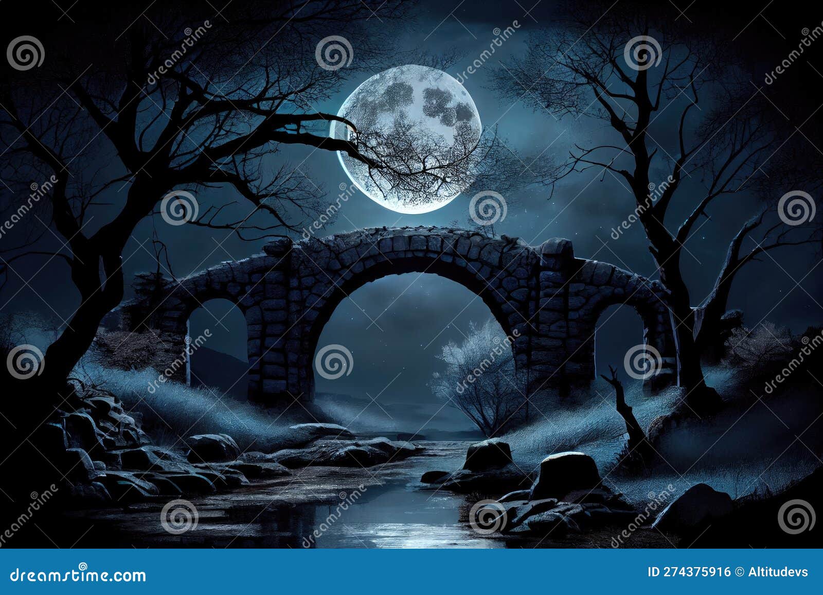 Stone Bridge in Moonlight, with Silhouettes of Trees Visible in the ...
