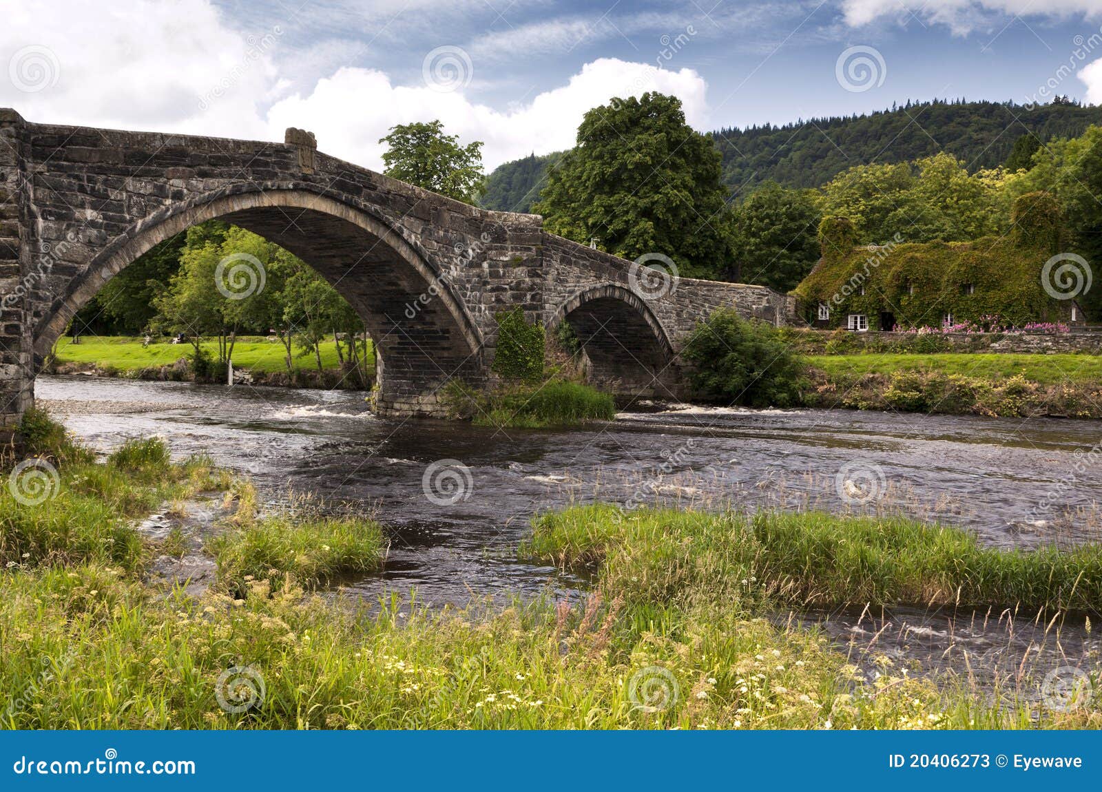 Stone Bridge and Old Cottage at Llanrwst Stock Image - Image of river ...