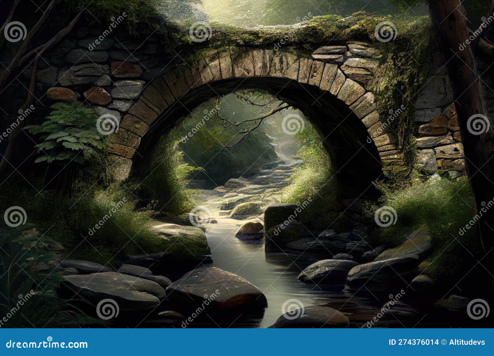 Stone Bridge Over a Babbling Brook, Surrounded by Lush Greenery Stock ...
