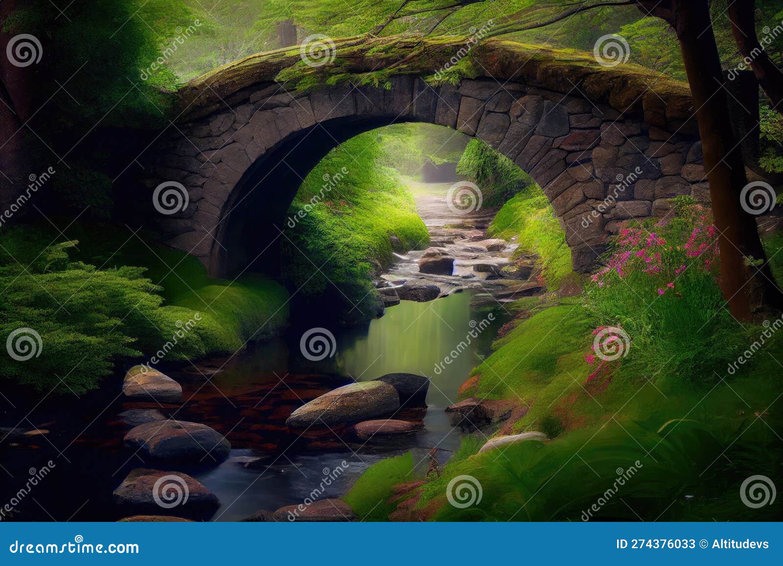 Stone Bridge Over a Babbling Brook, Surrounded by Lush Greenery Stock ...