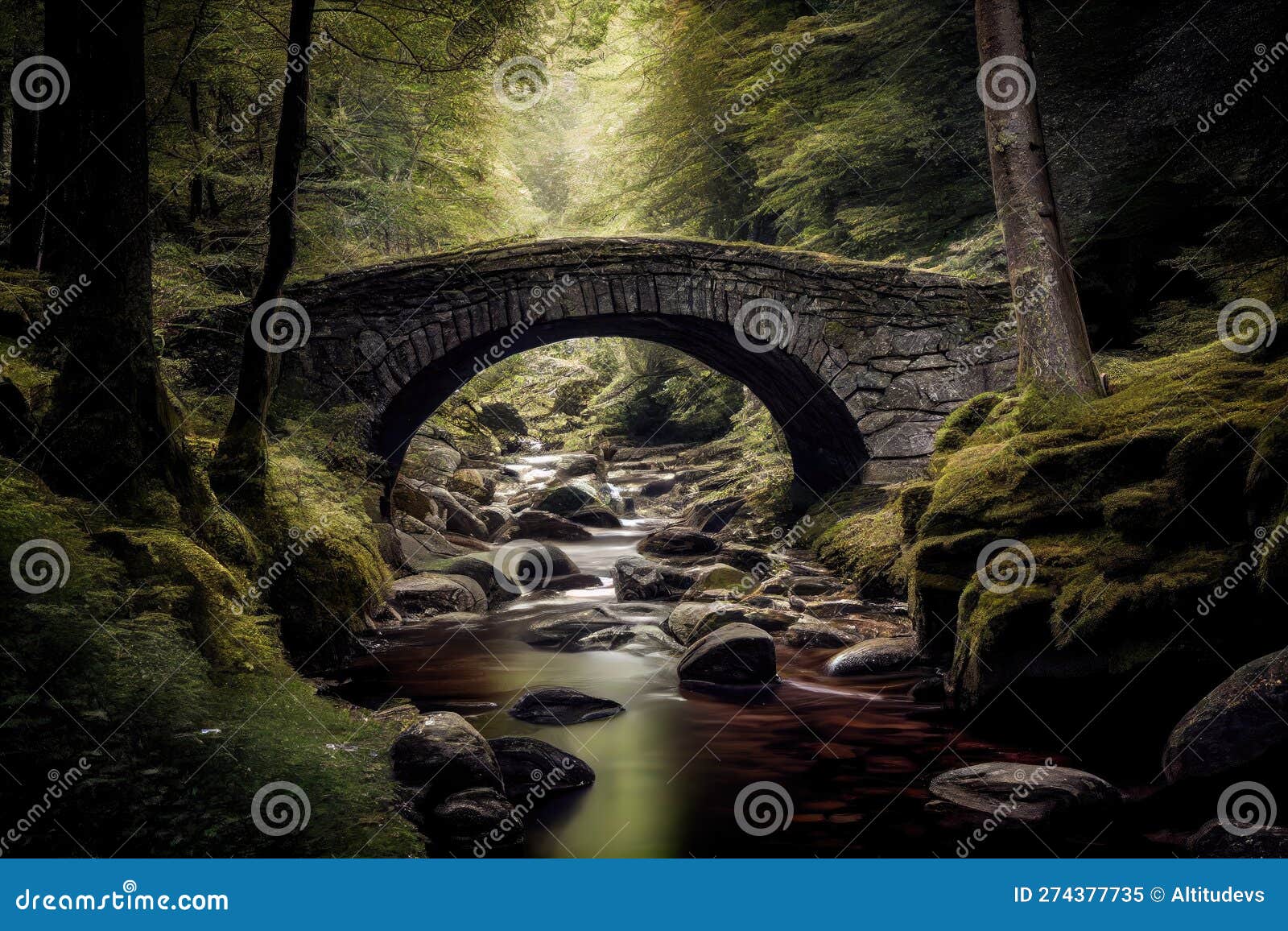 Stone Bridge Over a Babbling Brook Surrounded by Tall Trees Stock ...