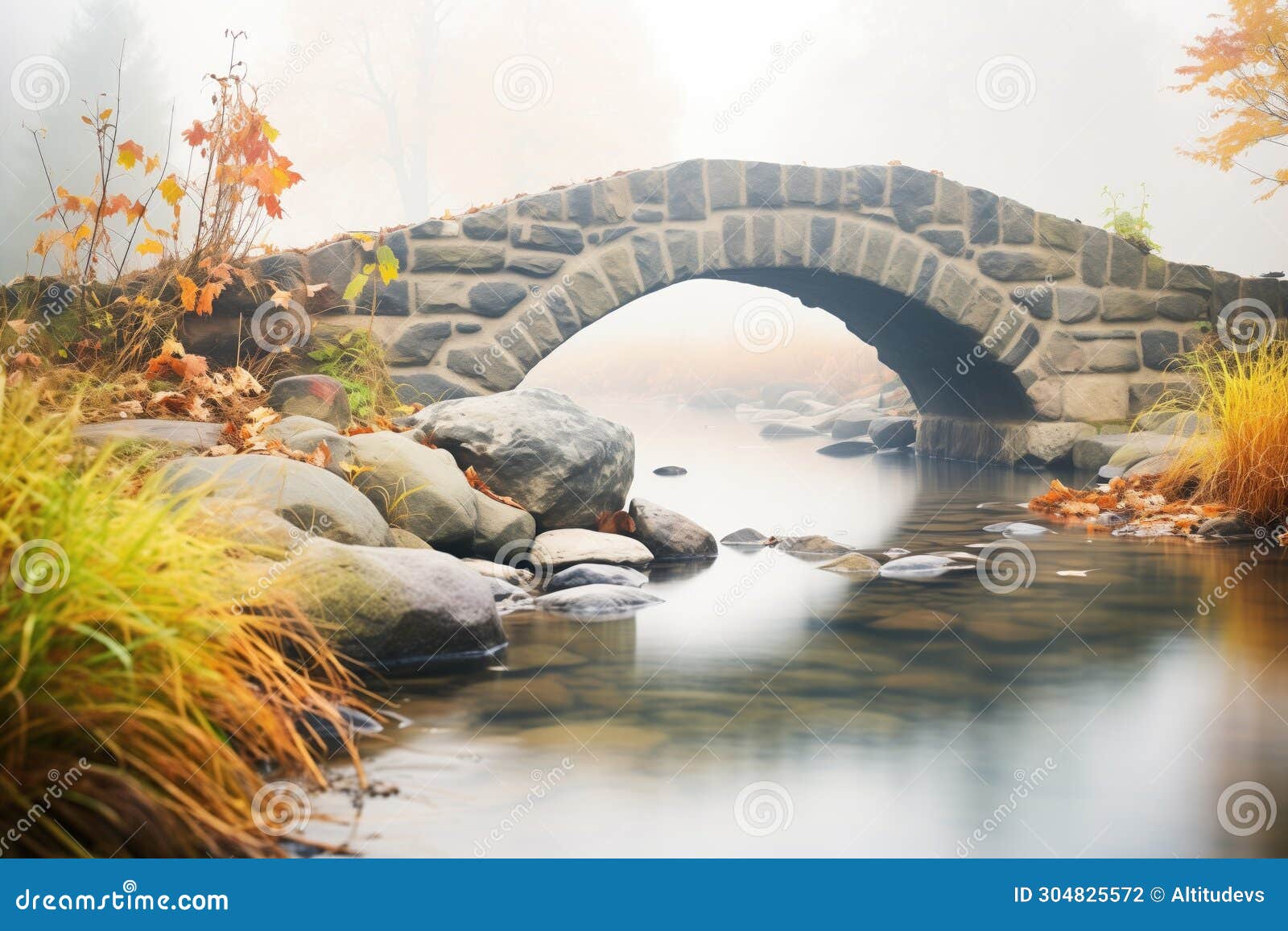Stone Bridge Over a Creek in a Fogdraped Field Stock Photo - Image of ...