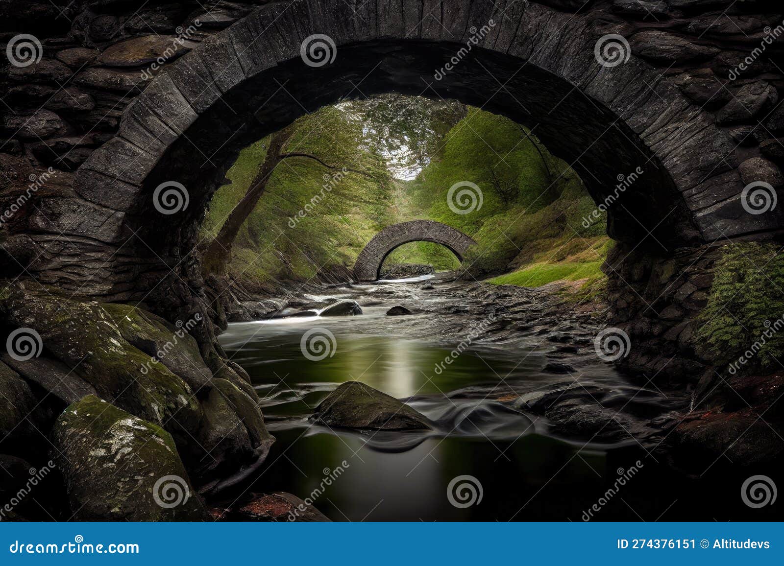 Stone Bridge Over Flowing Stream, with View of the Water Stock ...